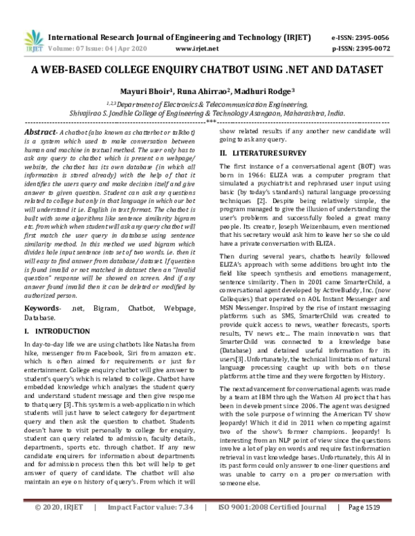 (PDF) IRJET- A WEB-BASED COLLEGE ENQUIRY CHATBOT USING .NET AND DATASET