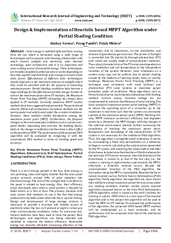 Pdf Irjet Design And Implementation Of Heuristic Based Mppt Algorithm