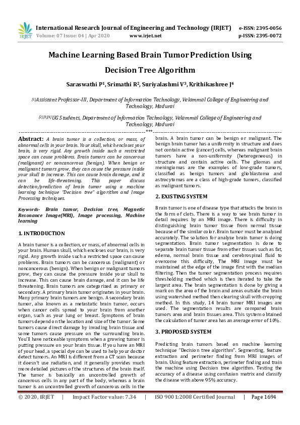 Pdf Irjet Machine Learning Based Brain Tumor Prediction Using Decision Tree Algorithm