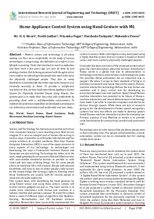 (PDF) IRJET- Home Appliance Control System using Hand Gesture with ML