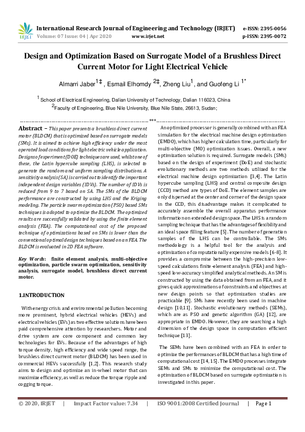 Pdf Irjet Design And Optimization Based On Surrogate Model Of A Brushless Direct Current