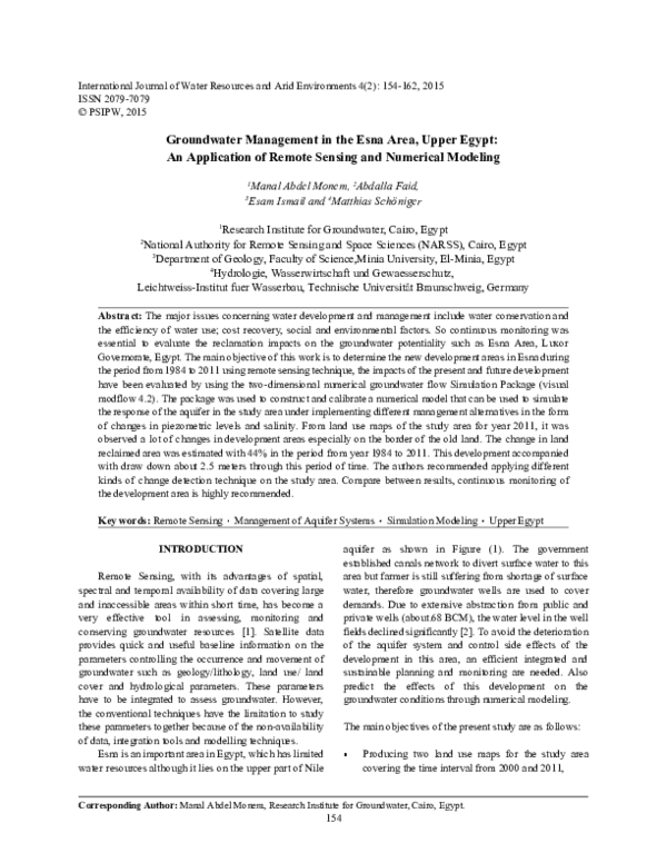 (PDF) Groundwater Management in the Esna Area, Upper Egypt: An Application of Remote Sensing and ...