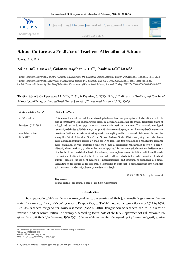 (PDF) School Culture as a Predictor of Teachers' Alienation at Schools