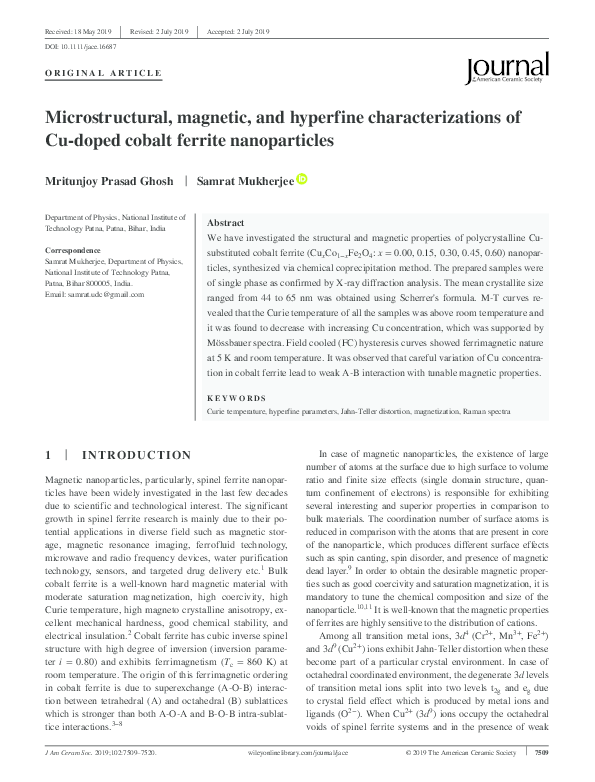 (PDF) Microstructural, magnetic, and hyperfine characterizations of Cu‐doped cobalt ferrite ...