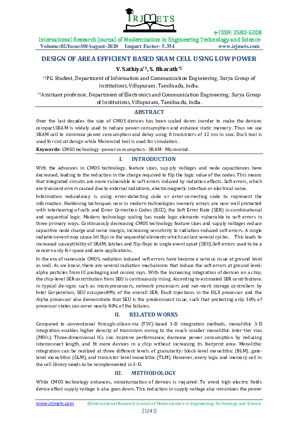 Pdf Design Of Area Efficient Based Sram Cell Using Low Power