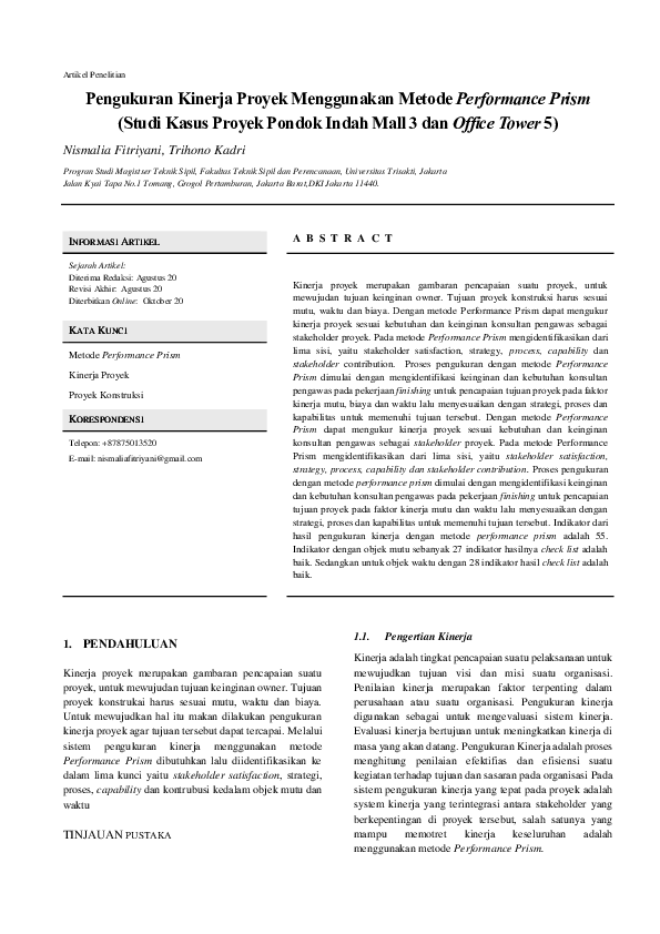 (PDF) Pengukuran Kinerja Proyek Menggunakan Metode Performance Prism ...