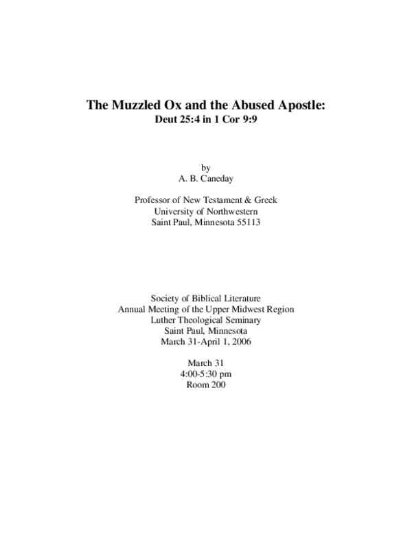 (PDF) The Muzzled Ox and the Abused Apostle: Deuteronomy 25:4 in 1 ...