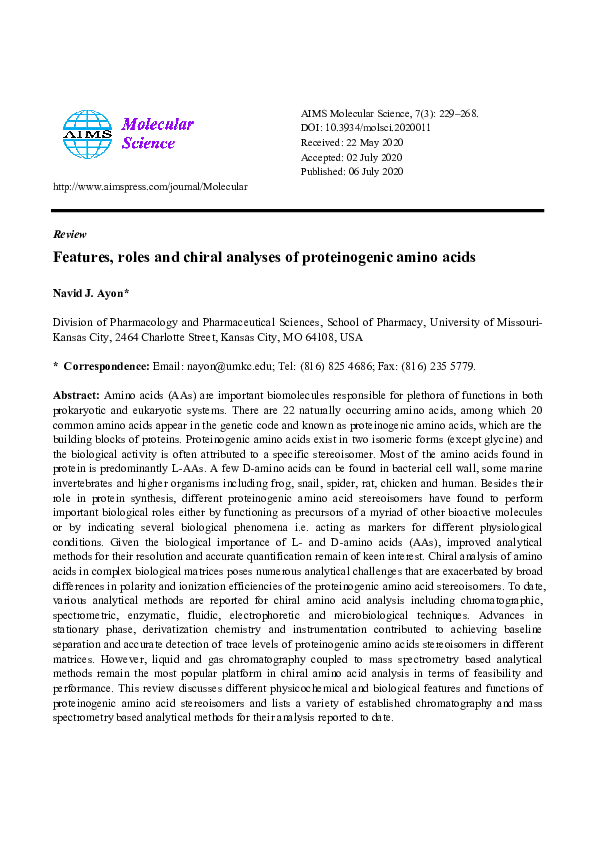 (PDF) Features, roles and chiral analyses of proteinogenic amino acids