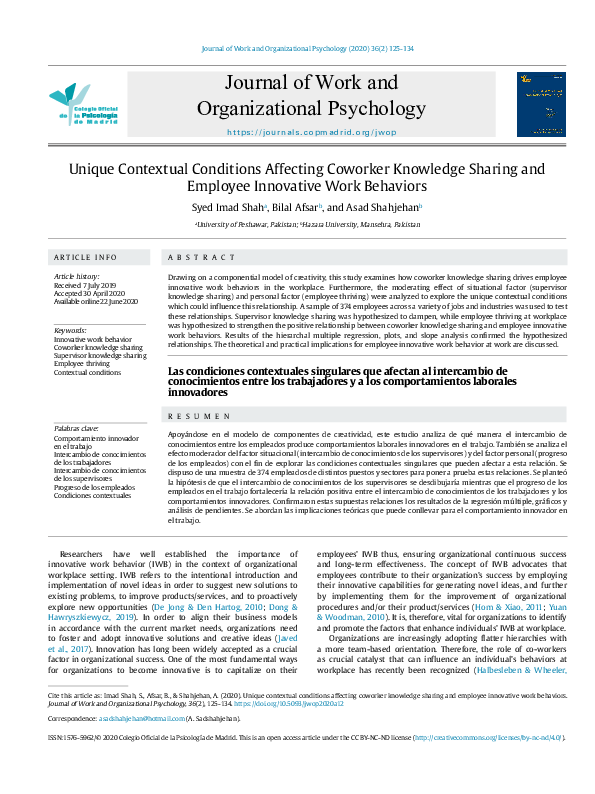 (PDF) Unique Contextual Conditions Affecting Coworker Knowledge Sharing and Employee Innovative ...