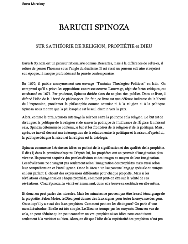(PDF) Baruch Spinoza: Sur Sa Théorie De Religion, Prophétie et Dieu