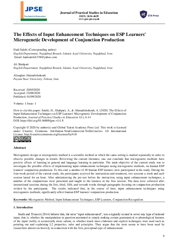 (PDF) The Effects of Input Enhancement Techniques on ESP Learners' Microgenetic Development of ...