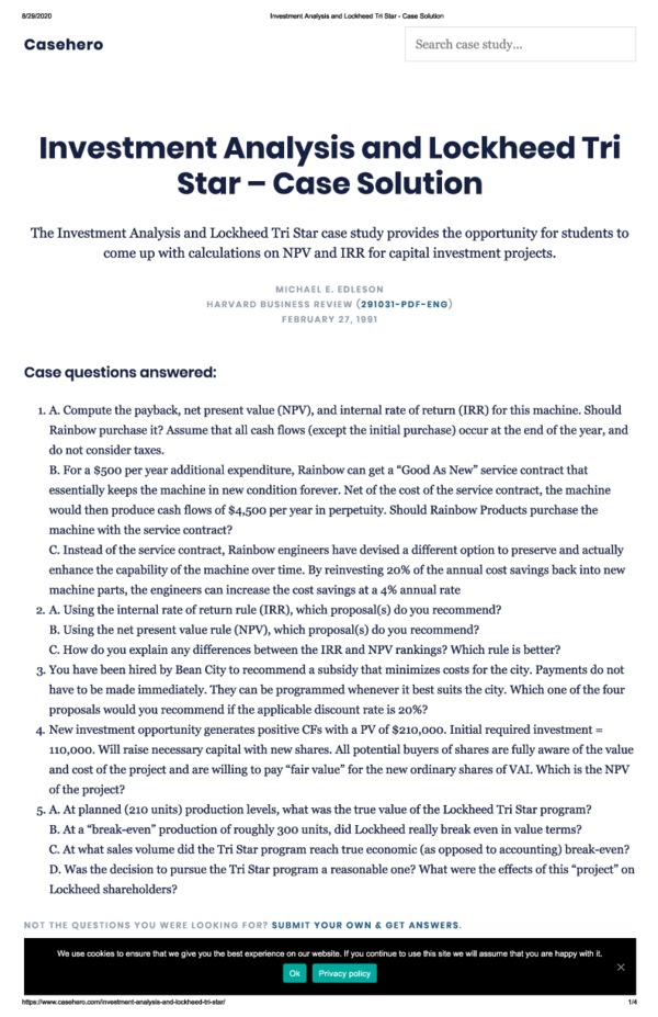 (PDF) Investment Analysis and Lockheed Tri Star - Case Solution