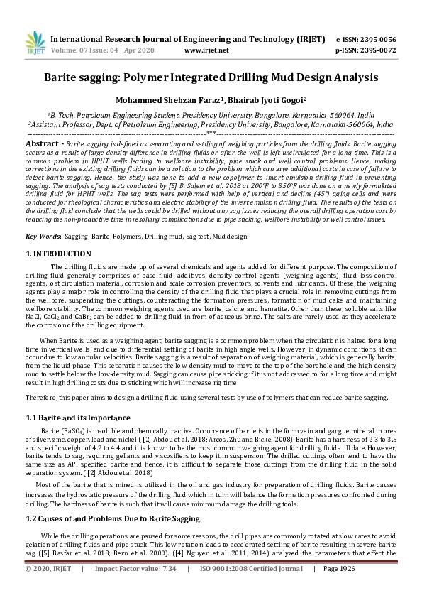 (PDF) IRJET- Barite sagging: Polymer Integrated Drilling Mud Design Analysis