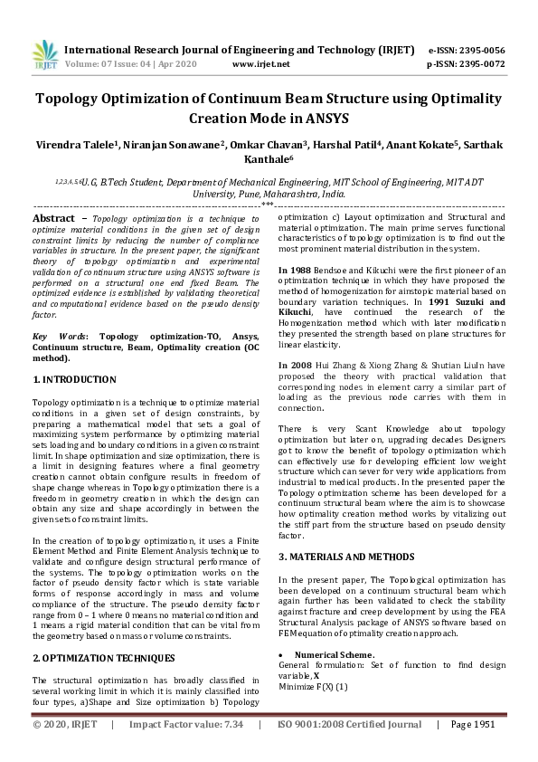 (PDF) IRJET- Topology Optimization of Continuum Beam Structure using Optimality Creation Mode in ...