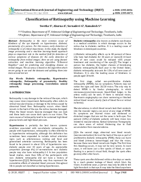 Pdf Irjet Classification Of Retinopathy Using Machine Learning