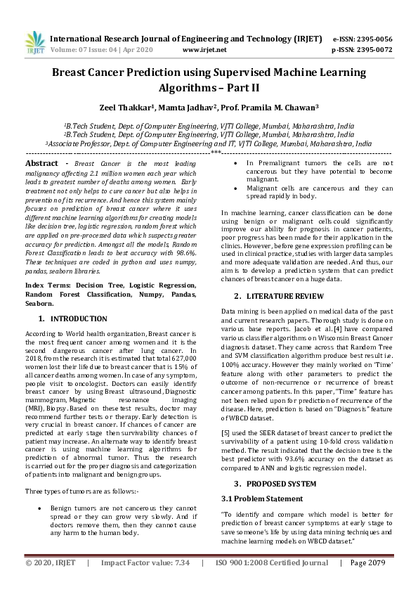 (PDF) IRJET- Breast Cancer Prediction using Supervised Machine Learning ...