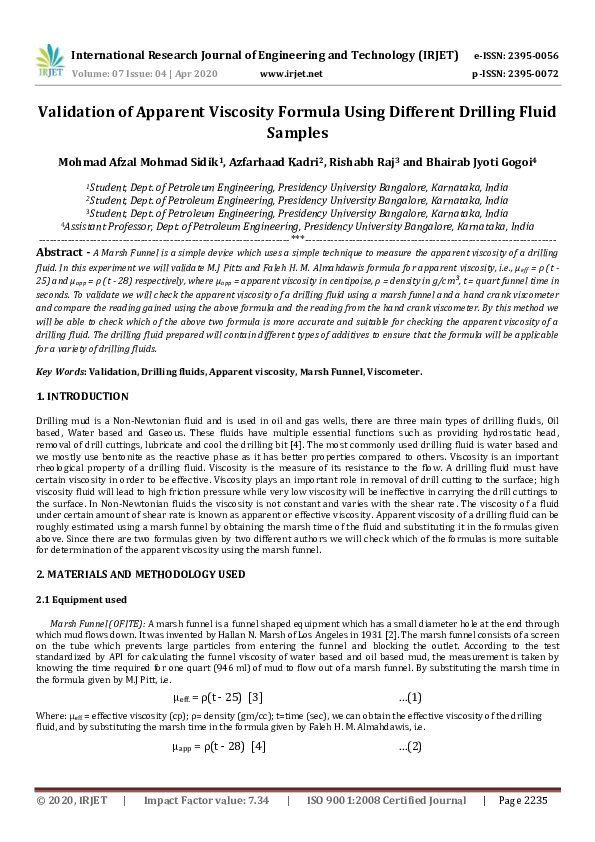 (PDF) IRJET- Validation of Apparent Viscosity Formula Using Different ...