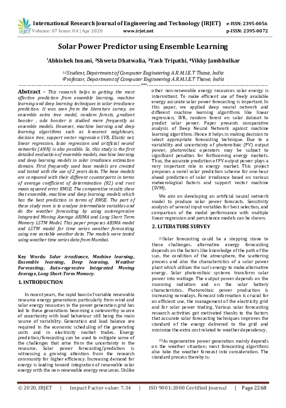(PDF) IRJET- Solar Power Predictor using Ensemble Learning