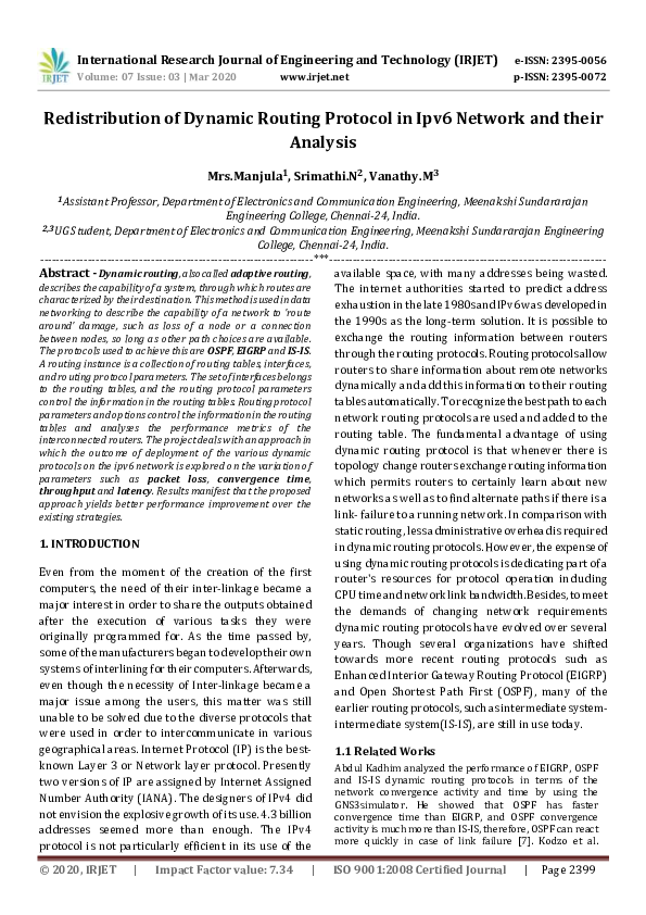 (PDF) IRJET- Redistribution of Dynamic Routing Protocol in Ipv6 Network and their Analysis