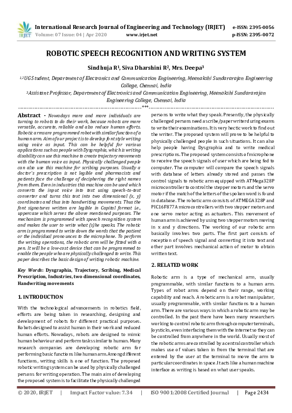 (PDF) IRET- ROBOTIC SPEECH RECOGNITION AND WRITING SYSTEM
