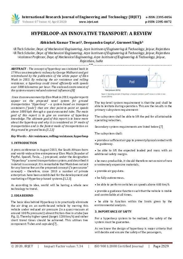 (PDF) IRJET- HYPERLOOP-AN INNOVATIVE TRANSPORT: A REVIEW | IRJET Journal - Academia.edu