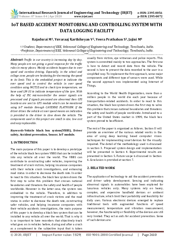 Pdf Irjet Iot Based Accident Monitoring And Controlling System With