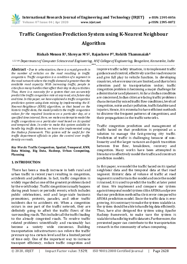 (PDF) IRJET- Traffic Congestion Prediction System using K-Nearest ... (PDF) IRJET- Traffic Congestion Prediction System using K-Nearest ...