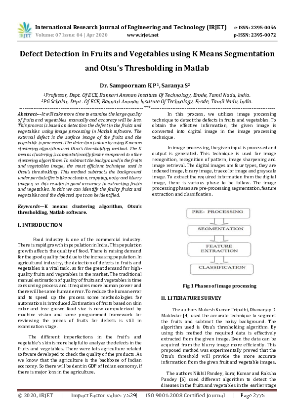 Pdf Irjet Defect Detection In Fruits And Vegetables Using K Means Segmentation And Otsus