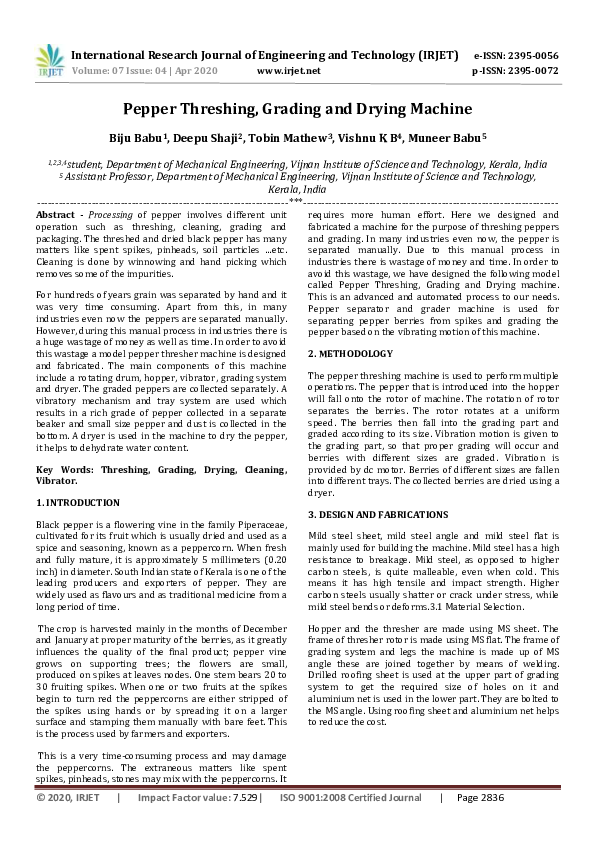 (PDF) IRJET- Pepper Threshing, Grading and Drying Machine