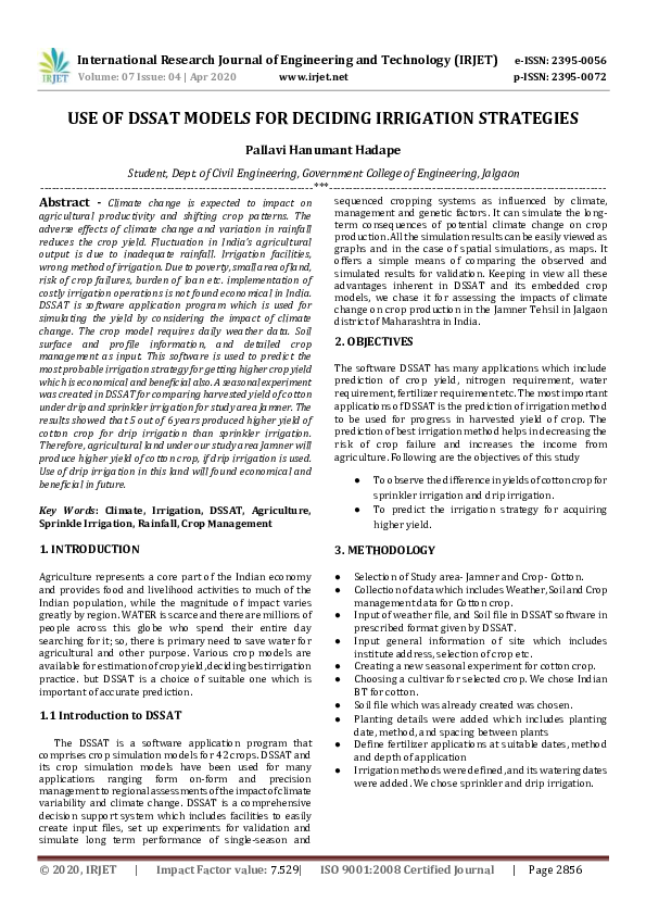 Pdf Irjet Use Of Dssat Models For Deciding Irrigation Strategies