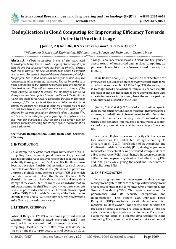 Pdf Irjet Deduplication In Cloud Computing For Improvising Efficiency Towards Potential