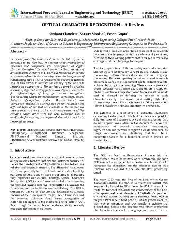 (PDF) IRJET- OPTICAL CHARACTER RECOGNITION -A Review