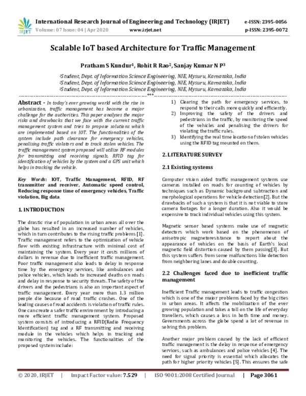(PDF) IRJET- Scalable IoT based Architecture for Traffic Management