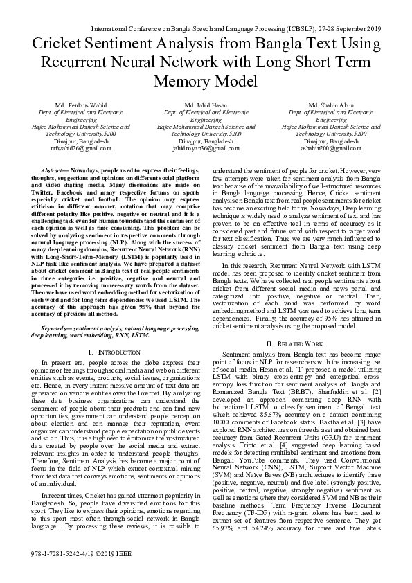 (PDF) Cricket Sentiment Analysis from Bangla Text Using Recurrent Neural Network with Long Short ...