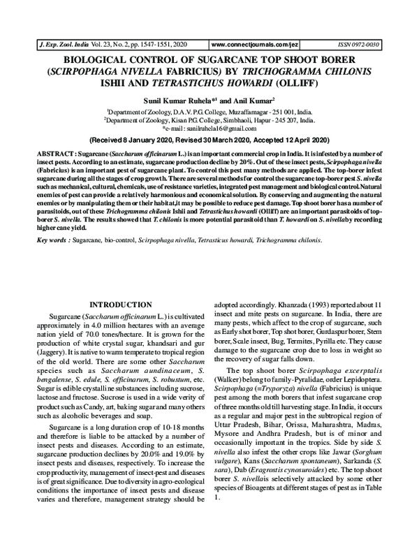 (PDF) BIOLOGICAL CONTROL OF SUGARCANE TOP SHOOT BORER (SCIRPOPHAGA NIVELLA FABRICIUS) BY ...