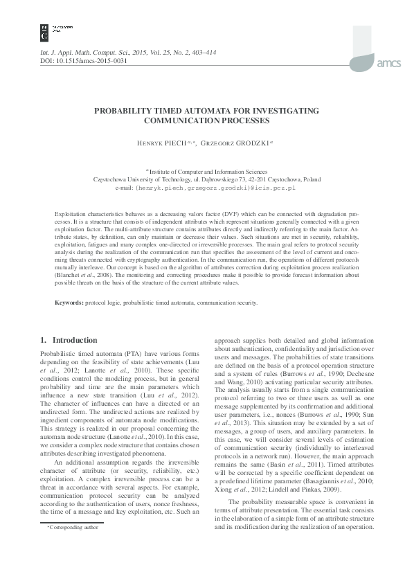 (PDF) PROBABILITY TIMED AUTOMATA FOR INVESTIGATING COMMUNICATION PROCESSES