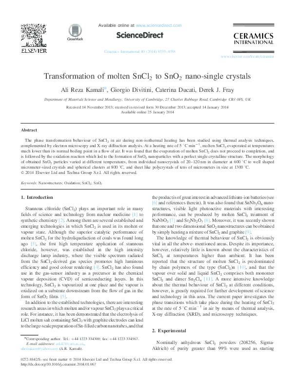 (PDF) Transformation of molten SnCl2 to SnO2 nano-single crystals