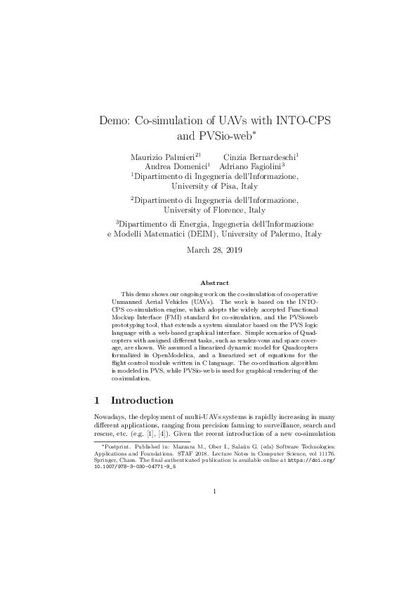 (PDF) Demo: Co-simulation of UAVs with INTO-CPS and PVSio-web