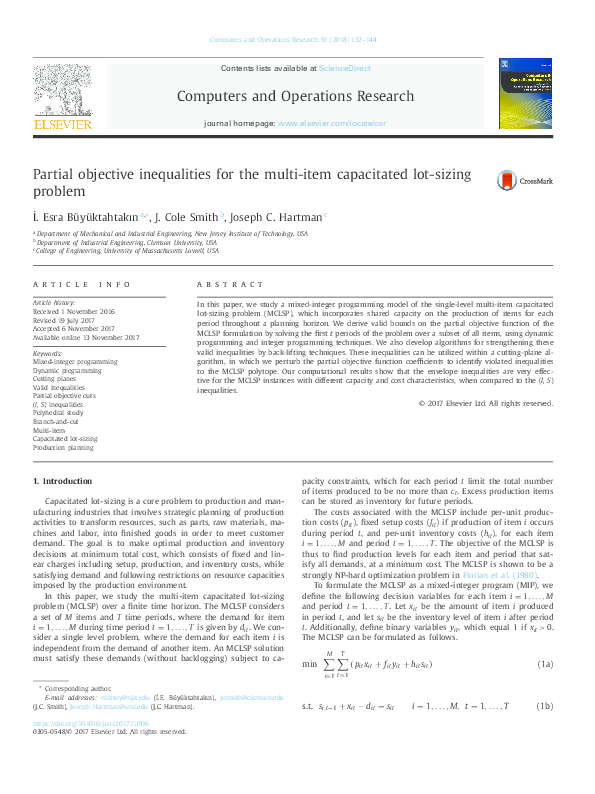 Pdf Partial Objective Inequalities For The Multi Item Capacitated Lot Sizing Problem Esra