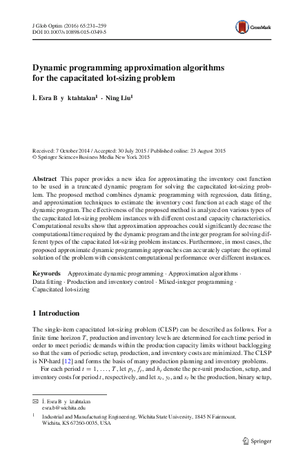 Pdf Approximate Dynamic Programming For Capacitated Lot Sizing 6181