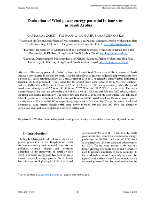 (PDF) Evaluation of Wind power energy potential in four sites in Saudi ...