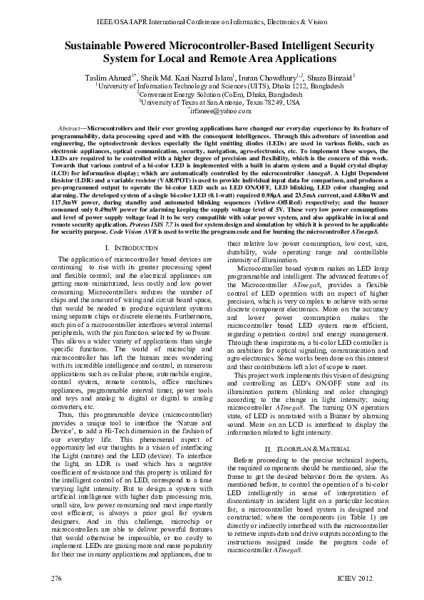 Pdf Sustainable Powered Microcontroller Based Intelligent Security System For Local And Remote