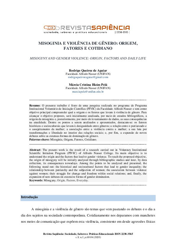(PDF) MISOGINIA E VIOLÊNCIA DE GÊNERO: ORIGEM, FATORES E COTIDIANO ...