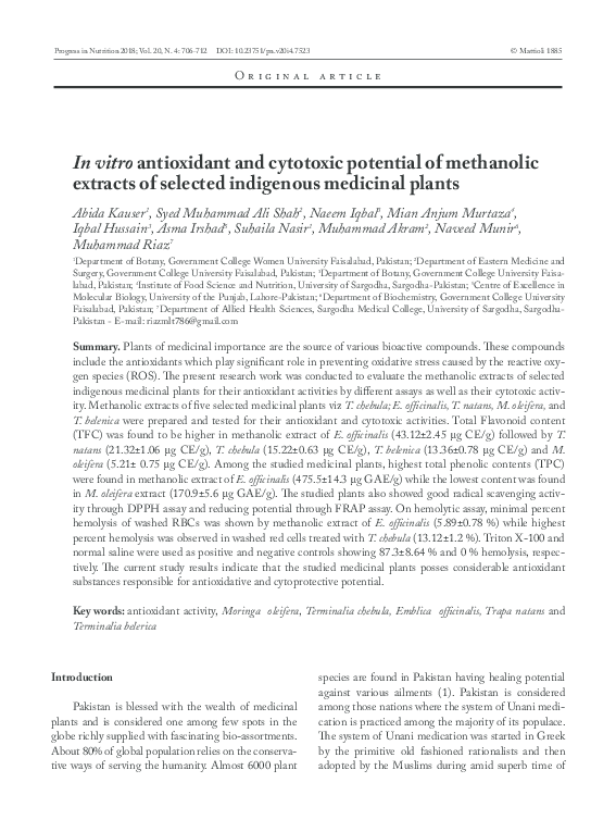 (PDF) In vitro antioxidant and cytotoxic potential of methanolic extracts of selected indigenous ...