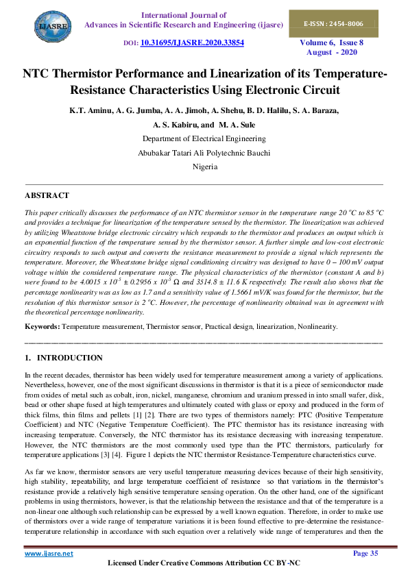 (PDF) NTC Thermistor Performance and Linearization of its Temperature ...