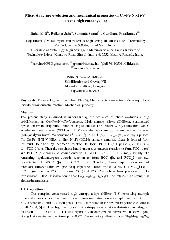 (PDF) Microstructure evolution and mechanical properties of Co-Fe-Ni-Ti-V eutectic high entropy ...
