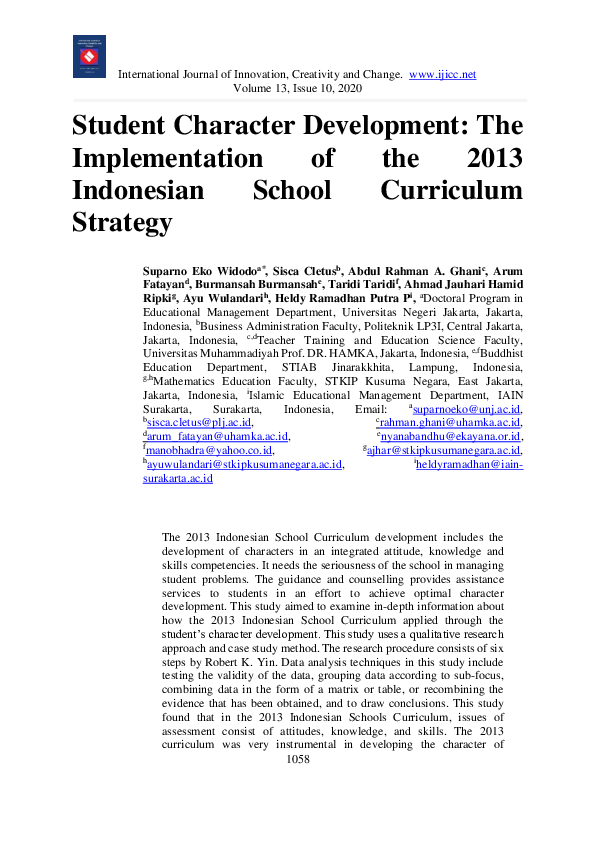 (PDF) Student Character Development: The Implementation of the 2013 ...