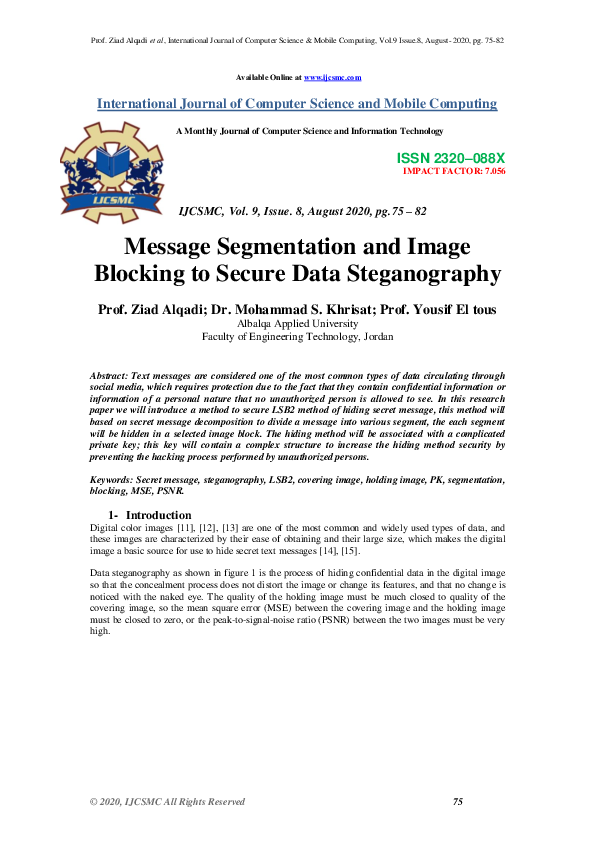(PDF) Message Segmentation and Image Blocking to Secure Data Steganography﻿ | IJCSMC Journal and ...