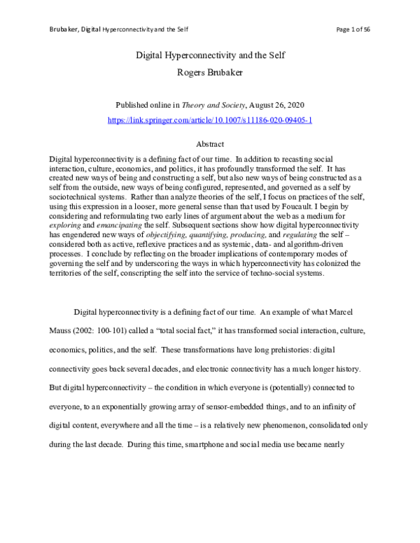 (PDF) Digital Hyperconnectivity and the Self