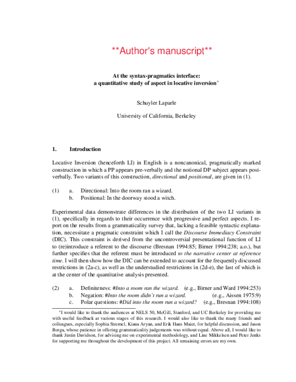 (PDF) At the syntax-pragmatics interface: a quantitative study of ...
